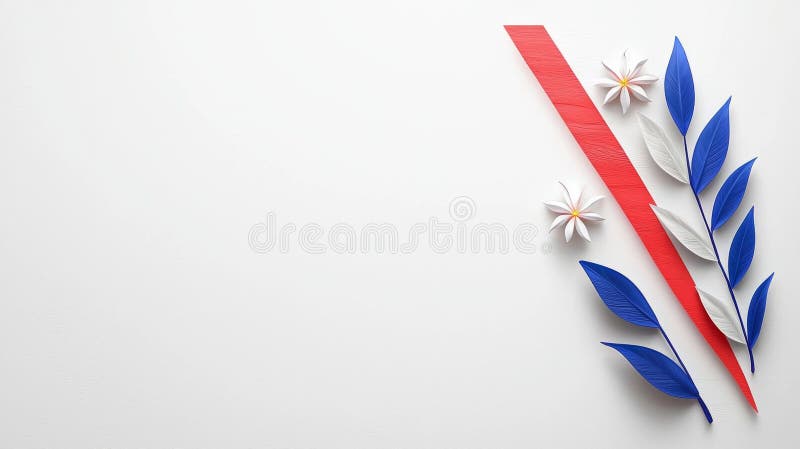 Red Diagonal Line with White Flowers and Blue Leaves on White ...