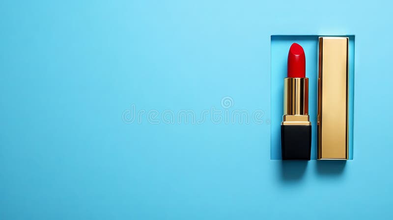 The Image Features a Red Lipstick on a Blue Background, a Beauty ...