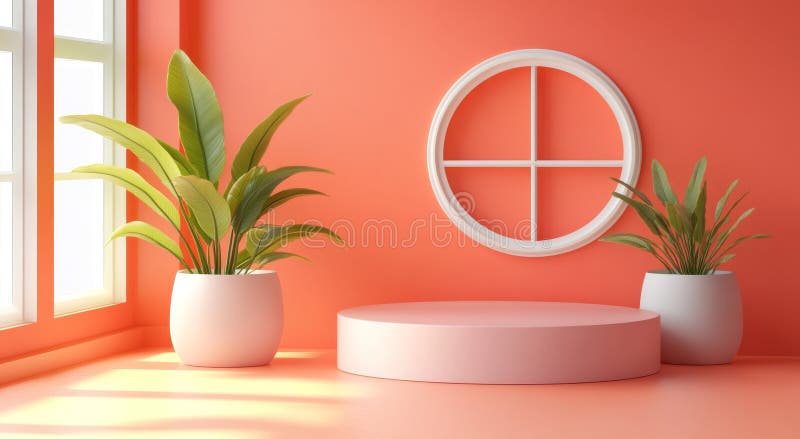 This Image Features a Red Platform, Circular Window, Sunset, Mountains ...