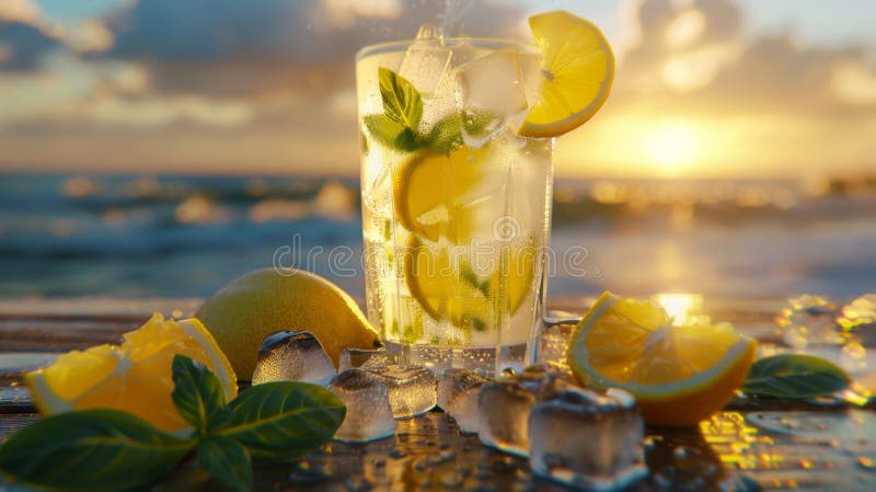 Refreshing Lemon Drink by the Beach at Sunset, Generative AI Stock ...