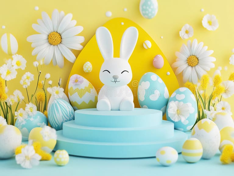 Image Features a Relaxed Easter Rabbit on a Blue Pedestal Amidst ...