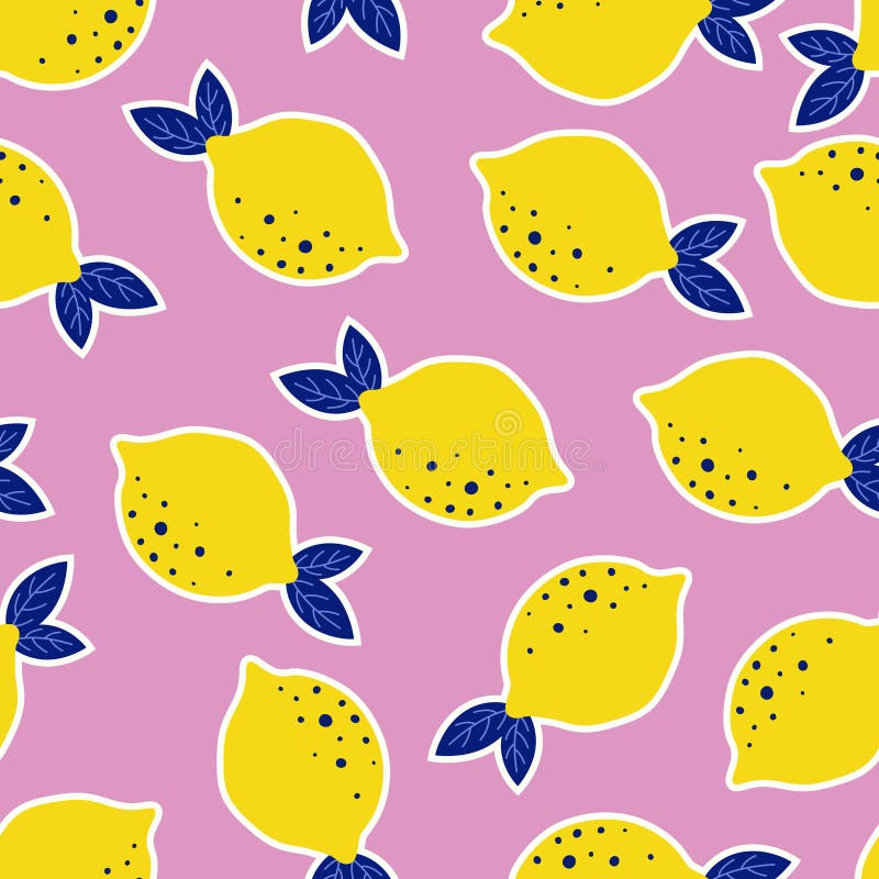 The Image Features a Repeating Pattern of Yellow Lemons with Dark Blue ...