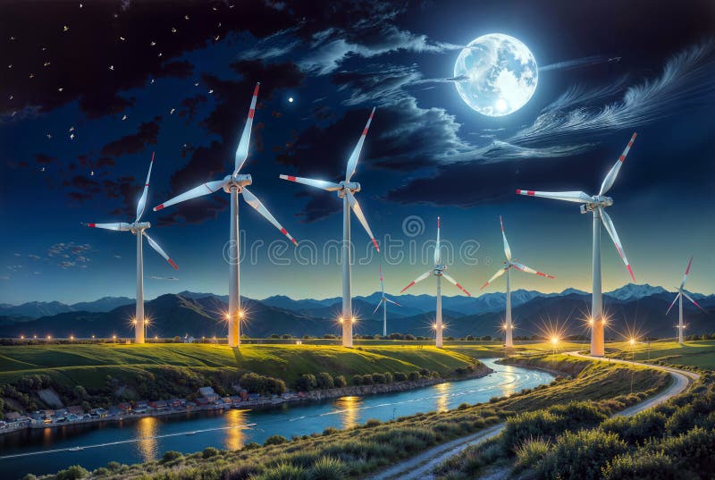 Lighted Wind Turbines & River at Night: Moonlit Landscape, Generative ...