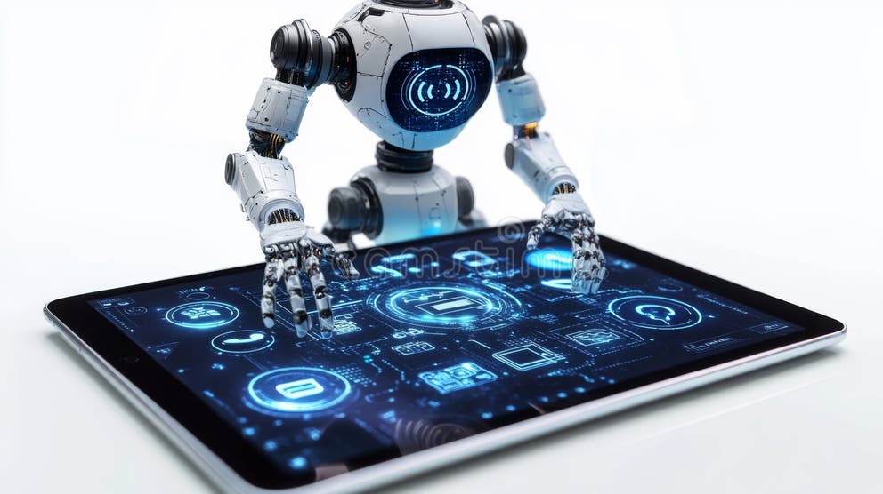 An AI Robot Interacts with a Digital Tablet Showcasing Futuristic ...