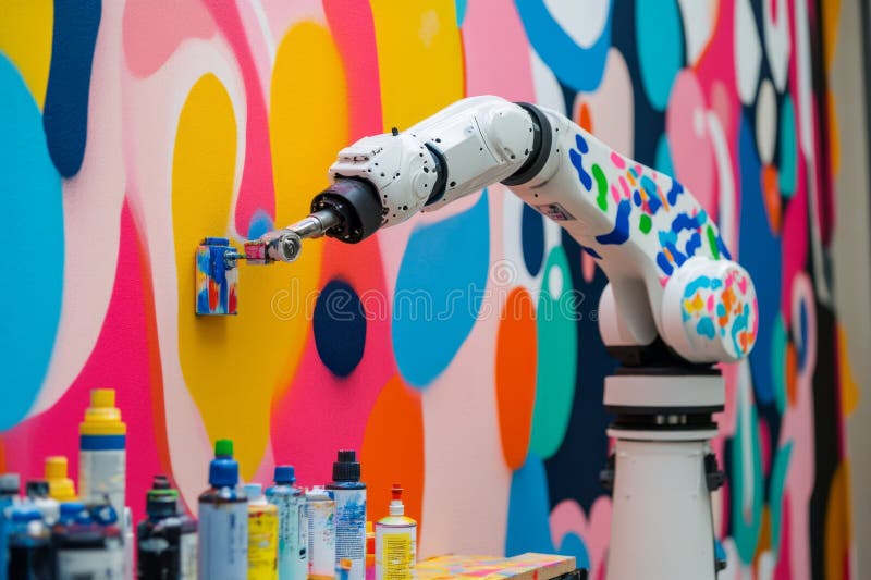 A Colorful Robotic Arm is Painting a Vibrant Mural on a Wall. the ...