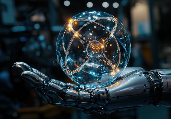 A Robotic Hand Delicately Holding a Glowing Atom Orb, Symbolizing ...