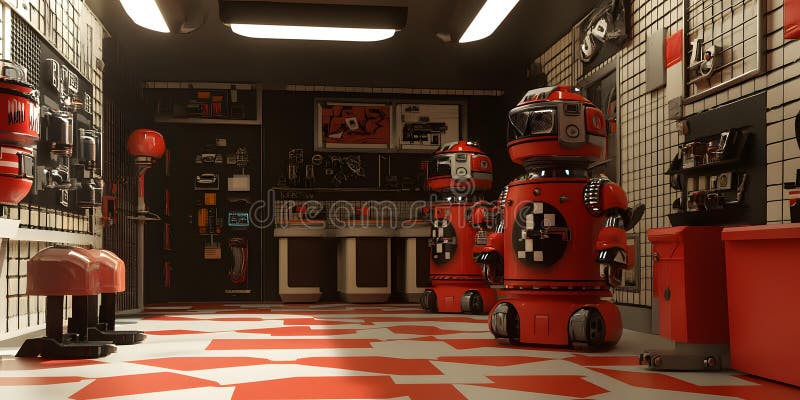Workshop with Red Robots and Checkered Floor Stock Illustration ...