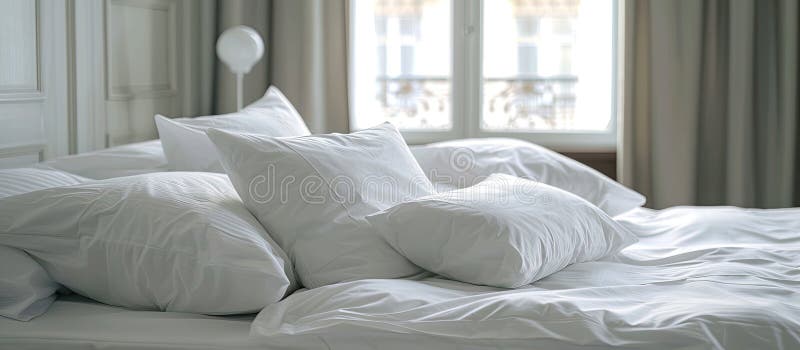 Many Pillows Scattered Across a Bed in a Room Stock Illustration ...