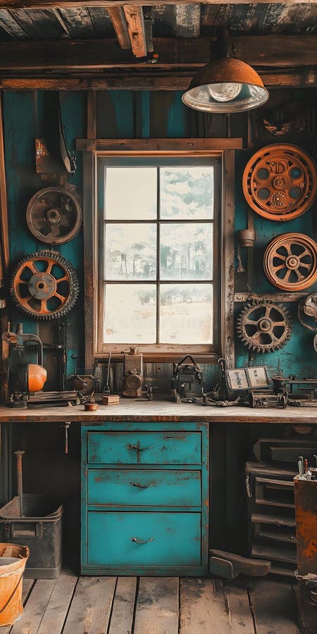 Rustic Workshop Interior with Vibrant Blue Walls Stock Illustration ...