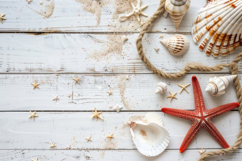 This Image Features a Rustic White Wooden Background with Seashells ...