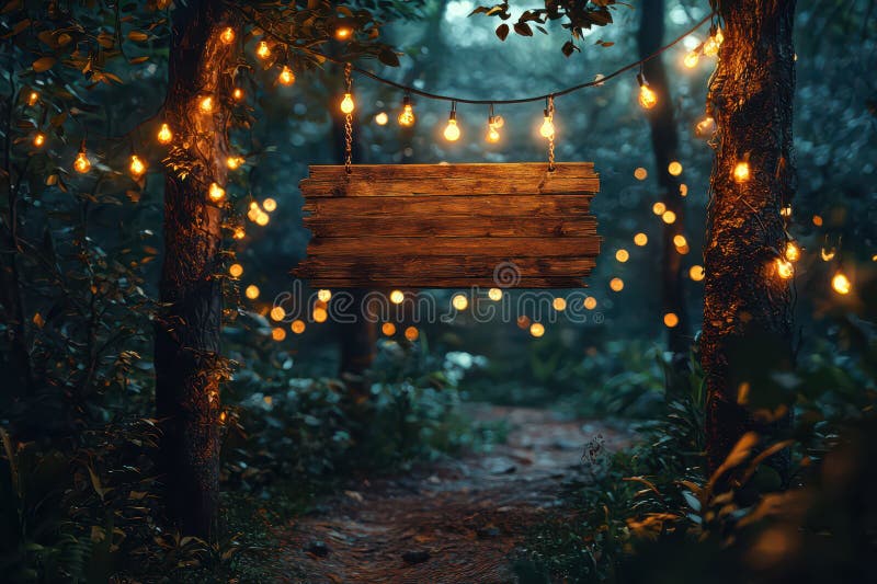 A Rustic Wooden Sign Adorned with Glowing Lights in a Mystical Forest ...