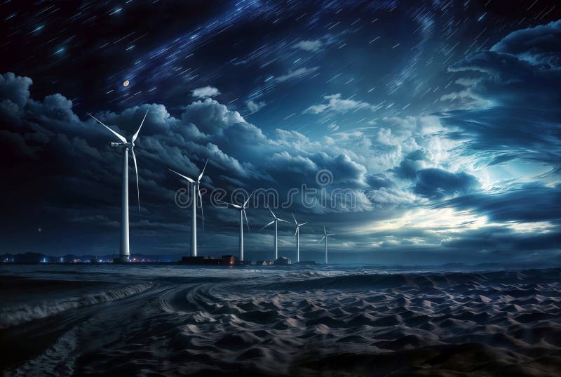 Half Moon & Sandy Beach: Wind Turbines at Night, Generative Ai Stock ...