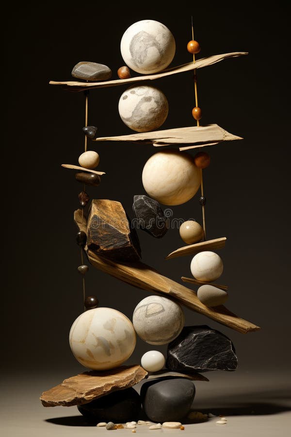 The Image Features a Sculpture Composed of Various Stones and Wooden ...