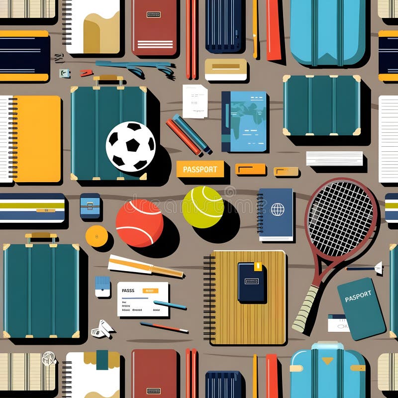 This Image Features a Seamless Pattern of Various Travel-related Items ...