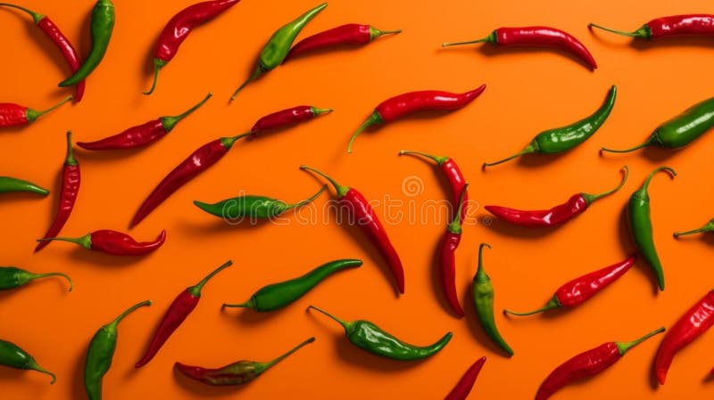 Seamless Pattern of Red and Green Chillies on Orange Background Stock ...