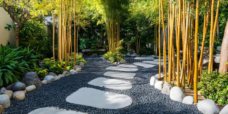 Serene Garden Pathway with Bamboo Poles Stock Illustration ...