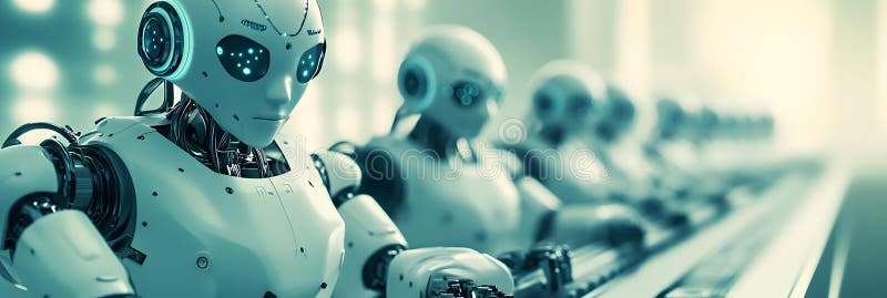 Row of Futuristic Ready Robots Stock Illustration - Illustration of ...