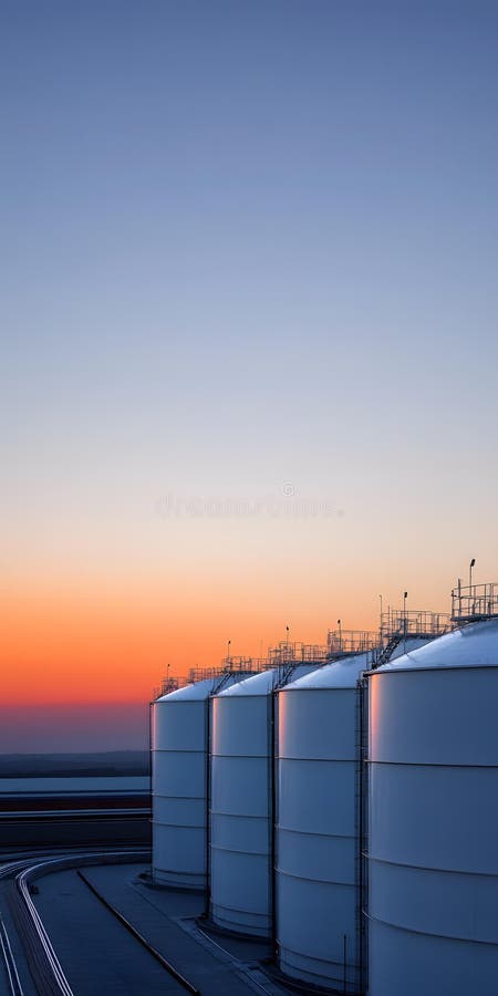 Tall Cylindrical Storage Tanks at Sunrise or Sunset Stock Illustration ...