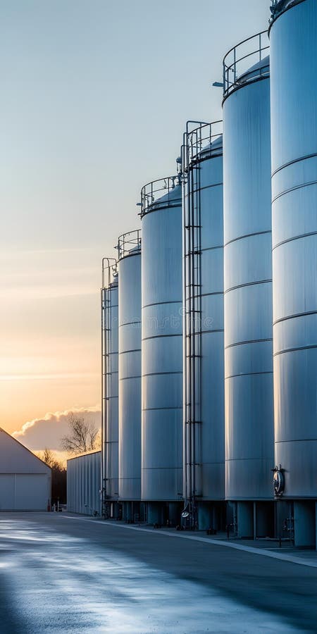 Tall Blue Cylindrical Storage Tanks at Sunrise Stock Illustration ...