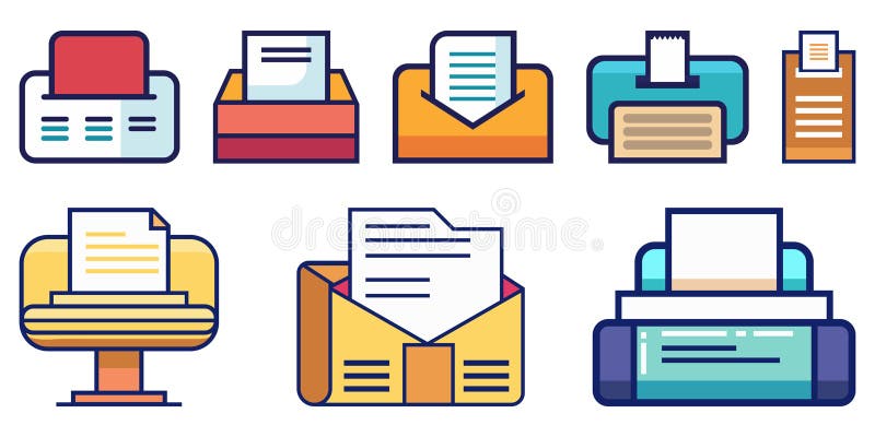 Colorful Collection of Flat Icons Depicting Office Printing and ...