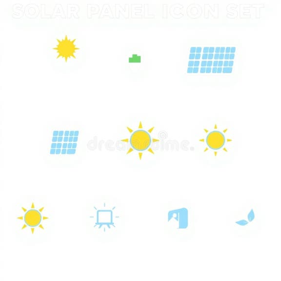 Illustration of Solar Panel Icons Set with Sun, Leaf, and Building on a ...