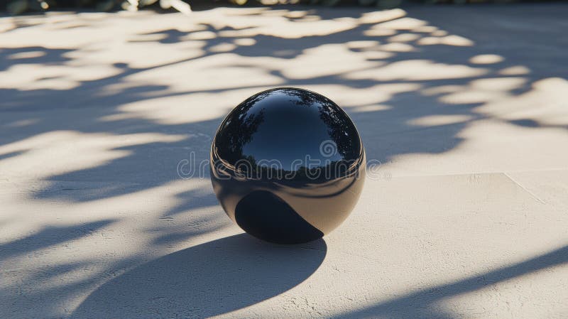 A Shiny Black Sphere Sits on a Light Gray Concrete Surface, Casting a ...