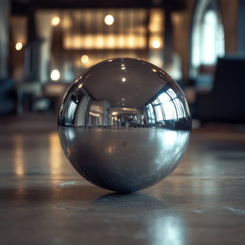A Reflective Metal Sphere Sits on a Polished Floor. the Smooth Surface ...