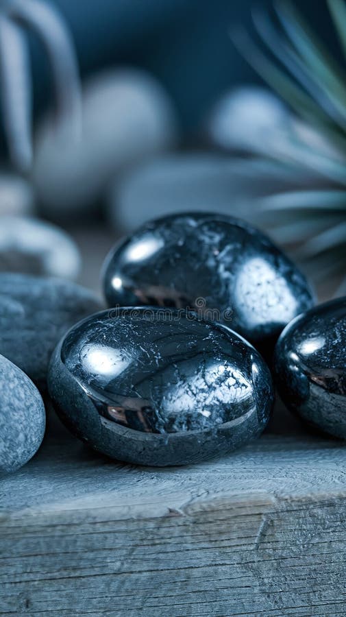 Shiny Polished Black Hematite Stones Resting on Wooden Surface with ...