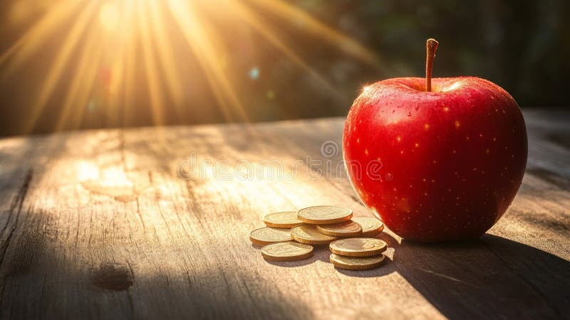 A Vibrant Red Apple Stands on a Wooden Table Next To Golden Coins ...