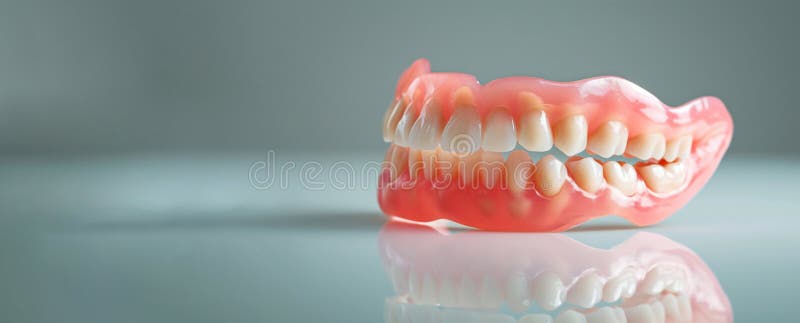 Complete Upper and Lower Artificial Teeth Set in a Side View Reflection ...