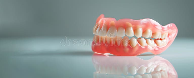 Complete Upper and Lower Artificial Teeth Set in a Side View Reflection ...