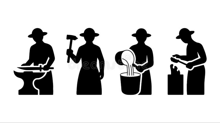 Blacksmith Crafting Metal Process Silhouettes Set Stock Vector ...