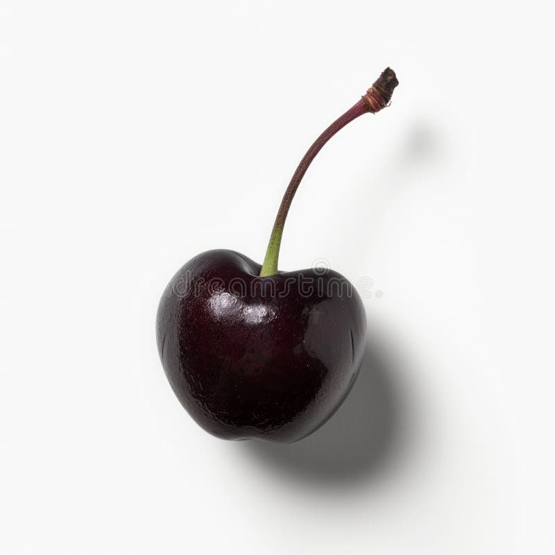 Single Dark Red Cherry with Green Stem on a White Background Shot from ...