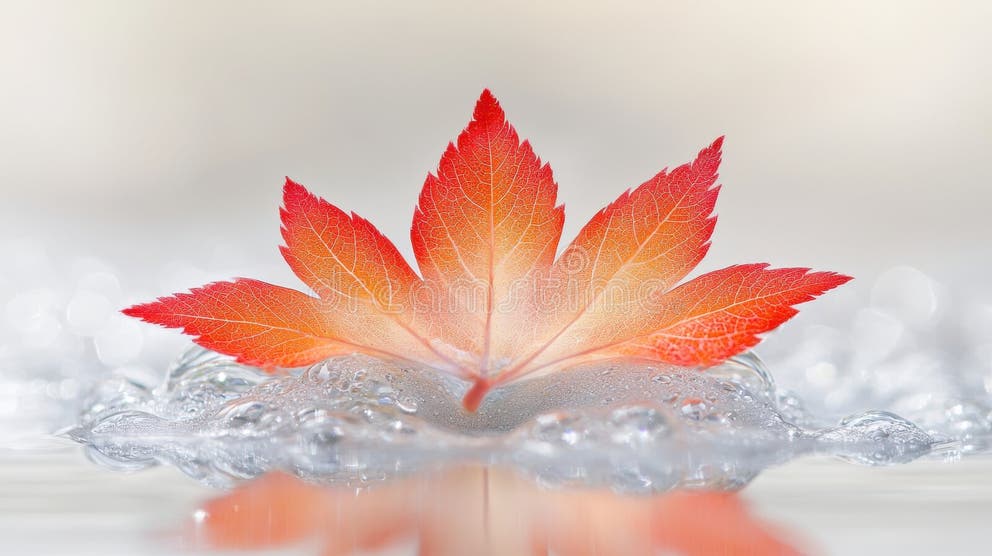 A Single Red Maple Leaf Floats on a Surface of Water, Creating a Striking Contrast Against the ...