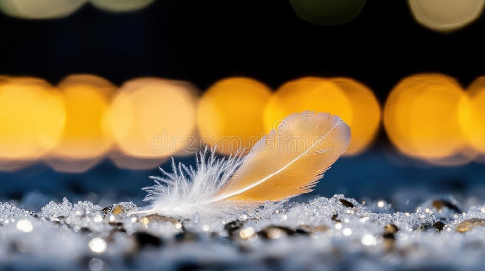 A Single Feather Lies on a Bed of Snow and Ice, with a Blurred ...