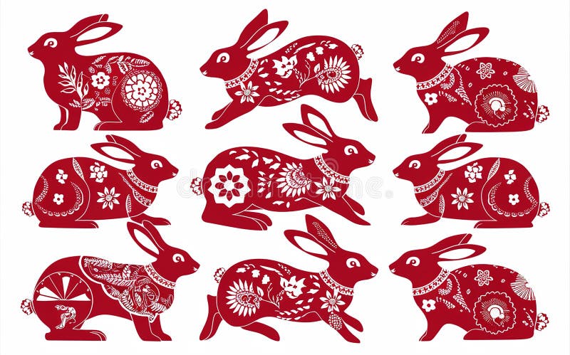 The Image Features Six Stylized Rabbits in a Vibrant Red Color Against ...