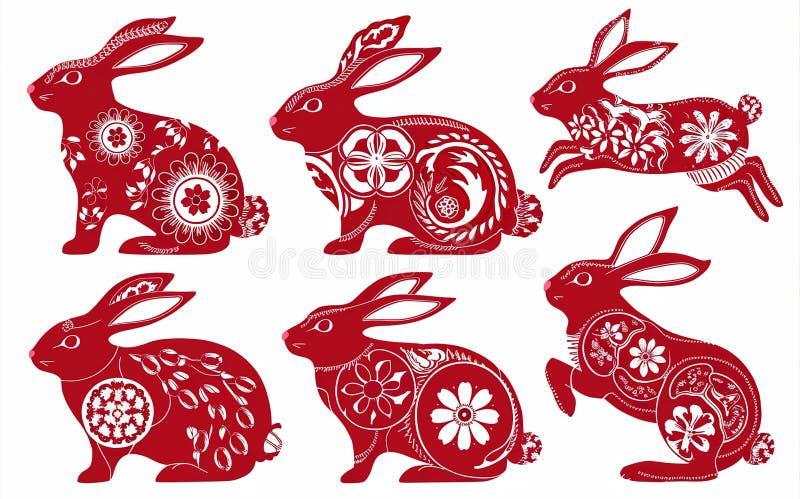 The Image Features Six Stylized Rabbits in a Vibrant Red Color Against ...