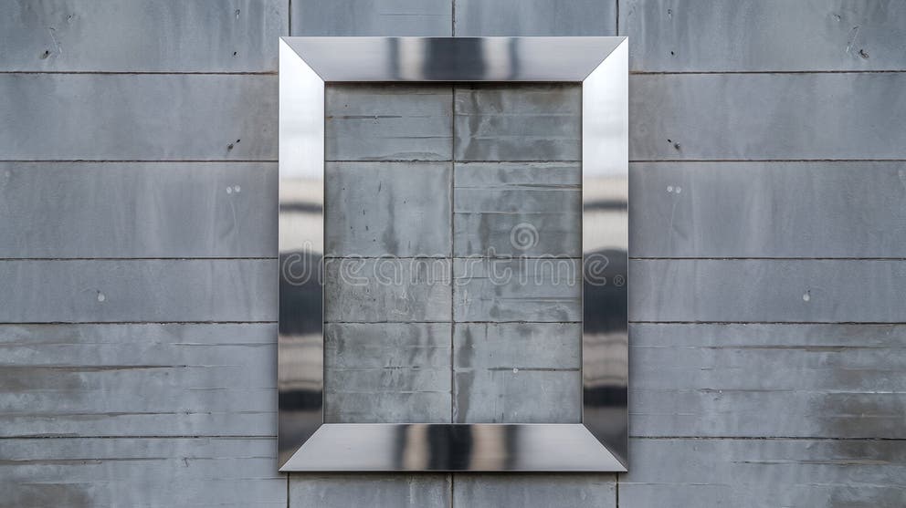 Metallic Rectangular Frame on Concrete Wall with Industrial Gray Background Reflection and ...
