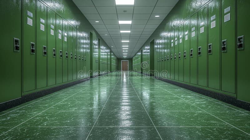 Sleek Green Corridor with Modern Lockers Stock Illustration ...