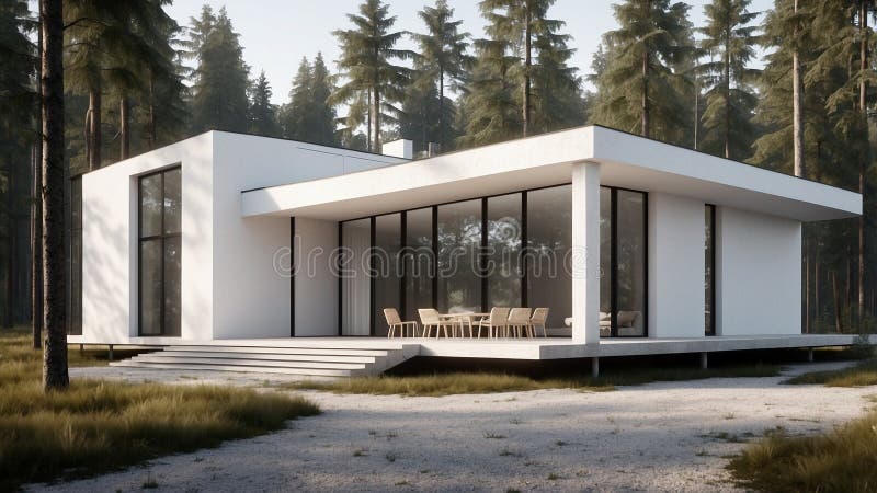 Modern White Minimalist House in Forest, Large Windows, Multiple ...