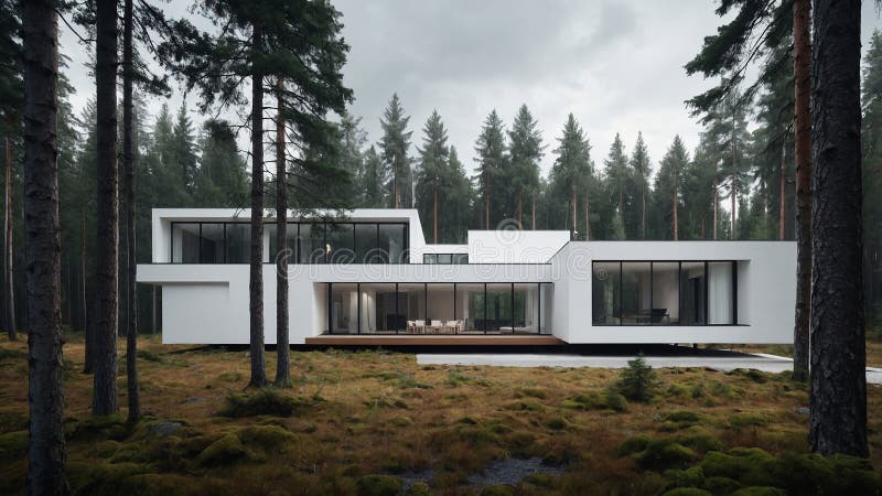 Modern White Minimalist House in Forest, Large Windows, Multiple ...
