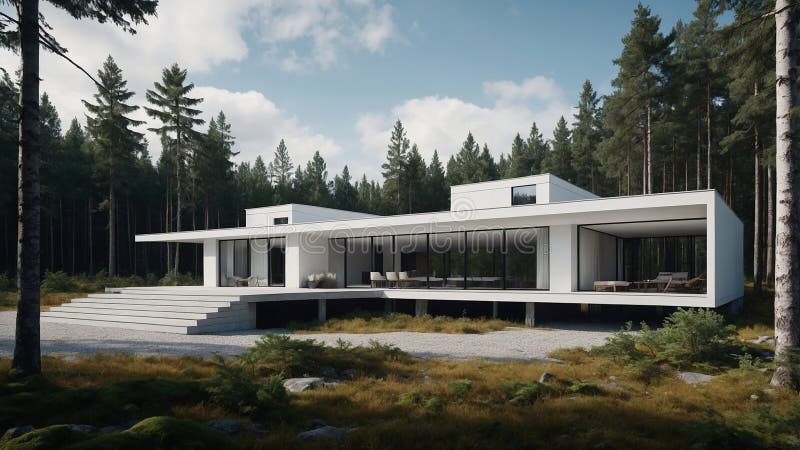 Modern White Minimalist House in Forest, Large Windows, Multiple ...