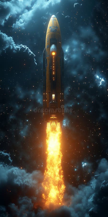 A Futuristic Rocket Ascending through a Dark Cloudy Sky Filled with ...