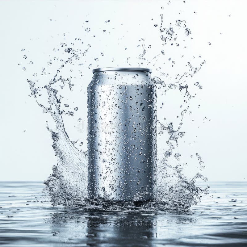 A Silver Soda Can with Water Splashing Around it, on a White Background ...