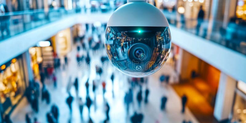 A High-tech Surveillance Camera Monitors Shoppers in a Busy Mall. the ...