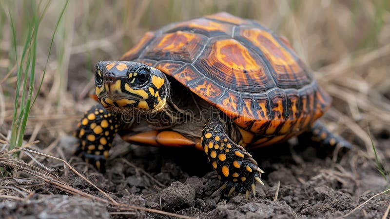 A Small Turtle with Orange and Black Shell and Yellow Spots on Its Legs ...