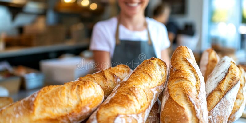 A Cheerful Baker Displays Freshly Baked Baguettes at a Vibrant Bakery ...