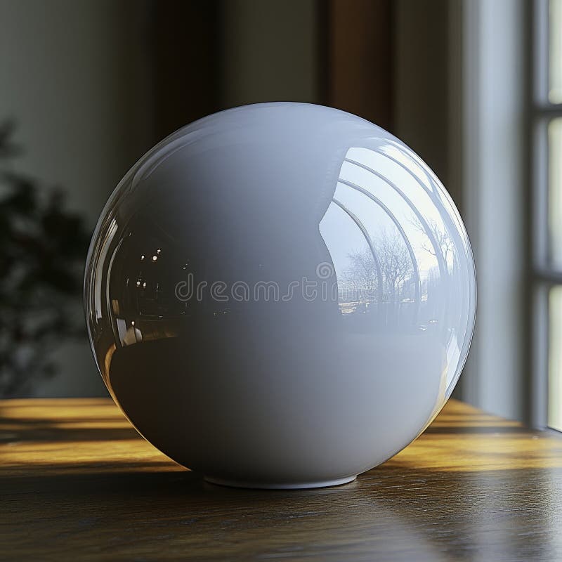 White Spherical Object on Wooden Surface, Blurred Window Background ...