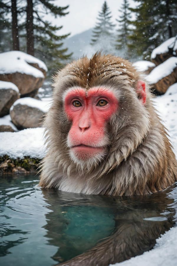 The Image Features a Snow Monkey Relaxing in a Hot Spring, Surrounded ...