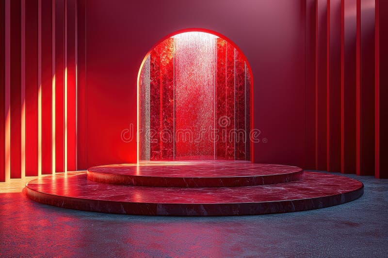 Elegant Circular Stage Vibrant Red Background Column Design Stock ...